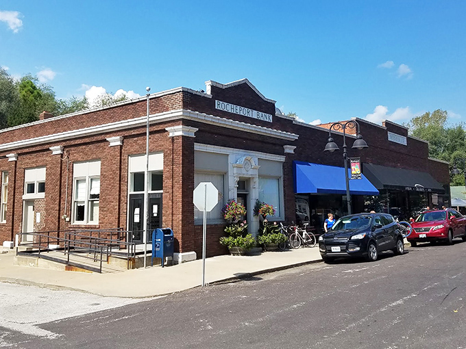 The former Rocheport Bank building stands proudly at the corner, now safeguarding the town's character instead of its cash.