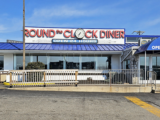 That blue roof and stone exterior stands out like a beacon of hope for empty stomachs on the road.