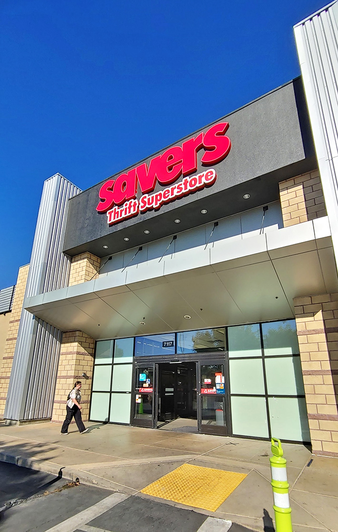 The bold red "Savers" sign beckons like a lighthouse for the bargain-obsessed. This thrift superstore promises treasures for the patient explorer.