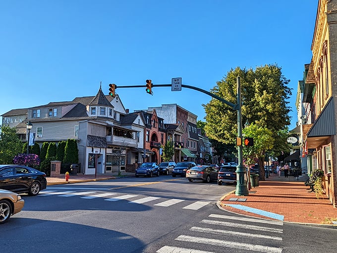 Crossroads of charm! Selinsgrove's intersection captures that perfect moment when shadows stretch long and retirement possibilities seem endless.