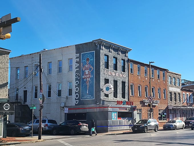 Sip & Bite (storefront): "Where the neon glows and the coffee flows. This Baltimore landmark has seen more late-night confessions than a priest." 
