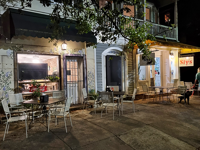 Night falls, but Sly's Sliders glows with possibility. The evening transforms this Savannah spot into a twinkling burger oasis.