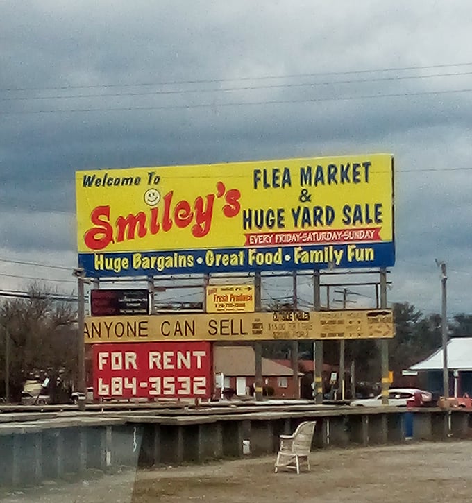 Even on cloudy days, Smiley's cheerful signage brightens the landscape. "Huge Bargains" isn't just marketing&mdash;it's a solemn pledge!