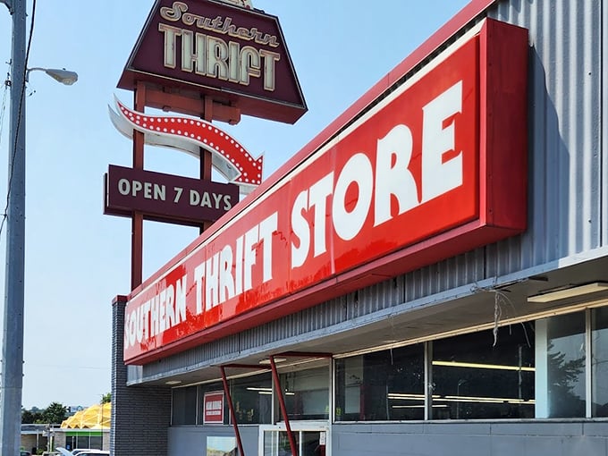 The classic neon glow of Southern Thrift promises retro treasures inside. Where yesterday's fashion becomes tomorrow's statement piece! 