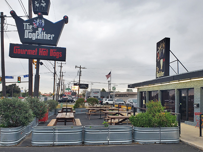 "Gourmet Hot Dogs" isn't just a sign &ndash; it's a promise The Dogfather keeps with every perfectly crafted dog they serve.