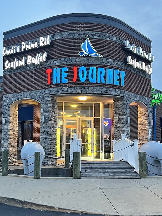 Sailing into flavor territory! The Journey's evening glow transforms this seafood haven into a beacon for buffet lovers seeking coastal treasures in Indianapolis.
