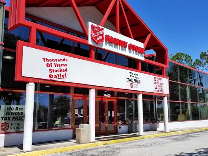 Bold red signage announces this Salvation Army Family Store like a beacon of bargains. "Thousands of items stocked daily" is no exaggeration!