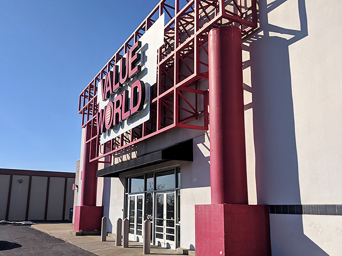 The architectural flair of this Value World location makes it impossible to miss, even from the highway.