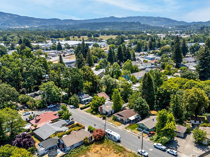 Downtown Willits stands proud against blue skies, with its iconic theater tower serving as a beacon for those seeking small-town charm.