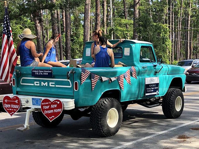Small-town Americana meets beach vibes. Nothing says "coastal celebration" quite like a vintage turquoise truck and musicians ready for a parade.
