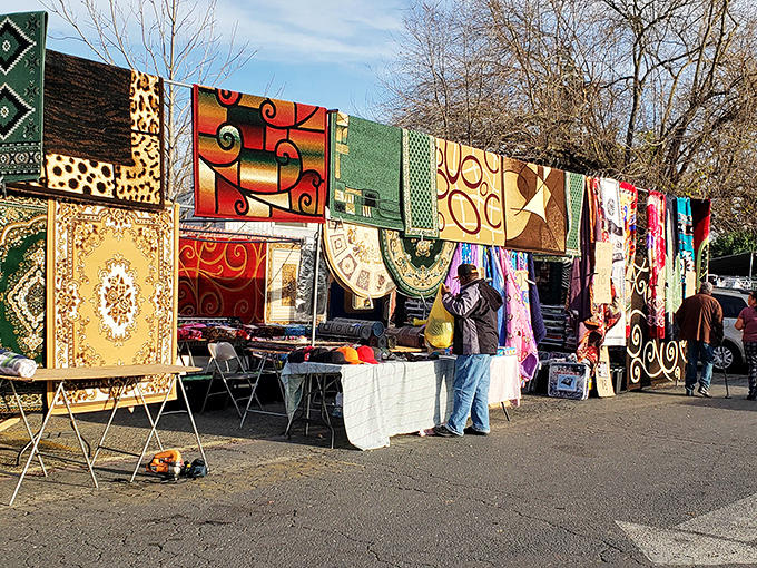A tapestry of cultures hangs in vibrant display, where rugs transform from floor coverings to vertical art galleries under the California sun.