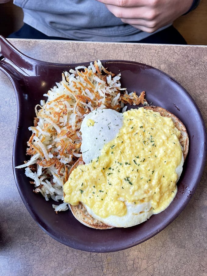 Breakfast perfection doesn't need fancy plating. Those hash browns achieve the golden-crisp exterior and tender interior that breakfast dreams are built upon.