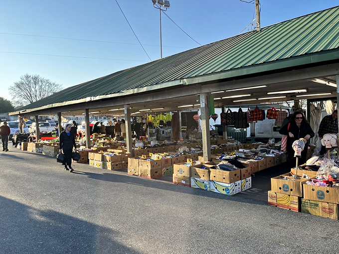 Early birds get more than worms at Green Dragon. Dawn shoppers browse merchandise while vendors arrange their wares for the day's commerce carnival.