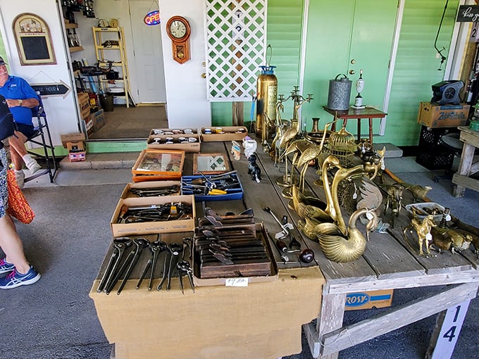 Where brass meets class! This table of vintage treasures looks like what would happen if your grandmother's attic decided to go into business.