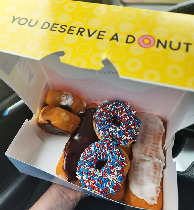 The box says "You Deserve A Donut" and who am I to argue with such wisdom? Patriotic sprinkles make these breakfast treats practically civic duty. 