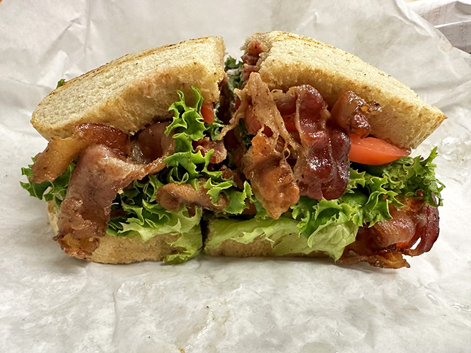 Behold the star of the show – layers of crispy bacon, garden-fresh lettuce, and juicy tomato nestled between perfectly toasted bread. Poetry in sandwich form.