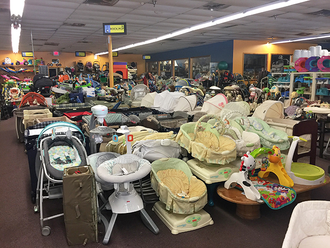 Baby gear paradise! Where barely-used swings, bouncers, and bassinets await their second chance to soothe a new generation of fussy infants.