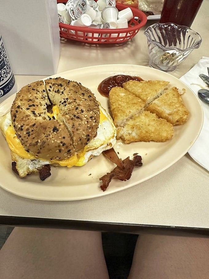 This breakfast sandwich on a seeded bagel isn't trying to impress Instagram&mdash;it's too busy preparing to impress your taste buds.