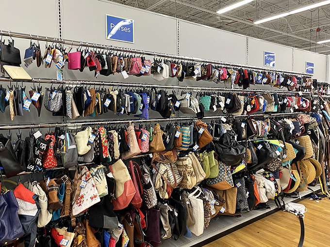 Handbag heaven or purse purgatory? This wall of accessories tells stories of fancy galas, grocery trips, and everything in between.