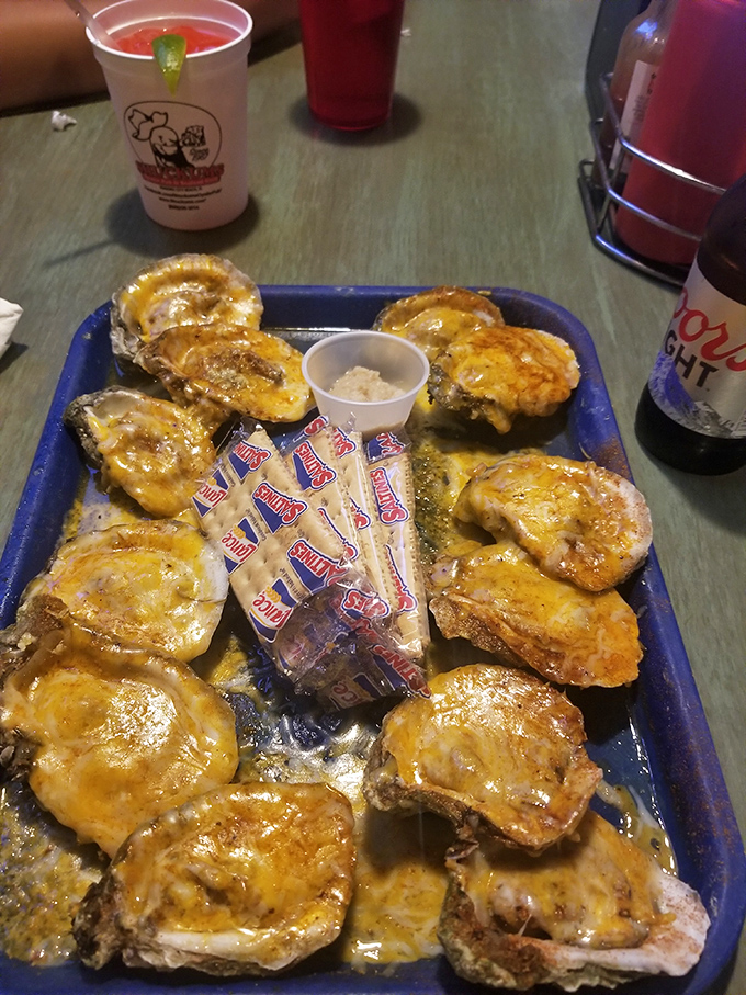 Golden-topped baked oysters that make you question why you'd eat them any other way. That melted cheese blanket is tucking these briny treasures in for a flavor nap.