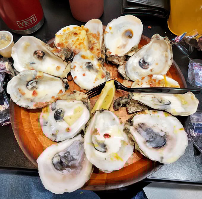 These baked oysters aren't just food—they're little porcelain stages where butter, cheese, and briny goodness perform a culinary ballet.