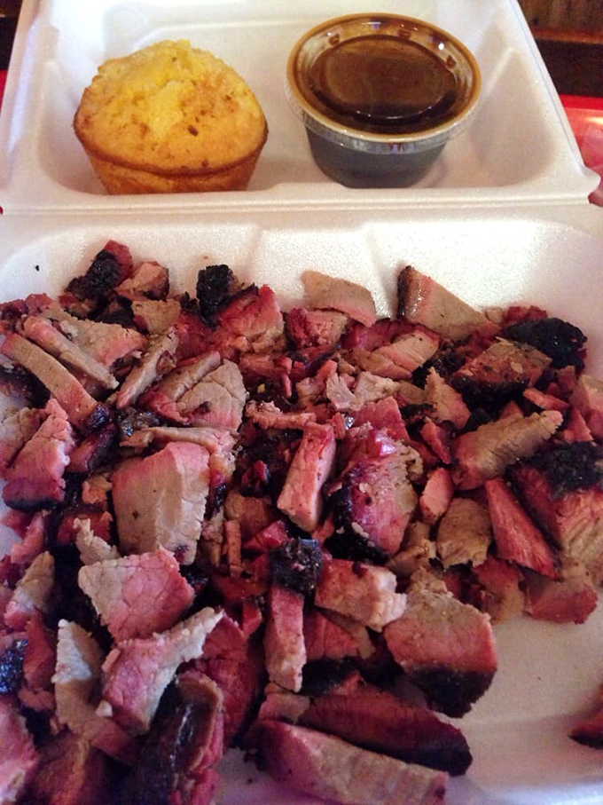 Chopped beef brisket that doesn't need a filter or a fancy plate. Just a cornbread muffin sidekick and sauce that means business.