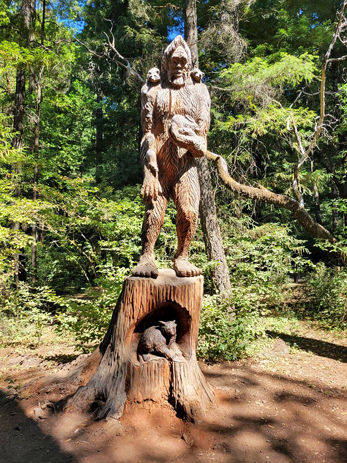 Sasquatch or spectacular chainsaw art? This wooden Bigfoot stands guard, reminding visitors they're in a land where legends feel right at home.