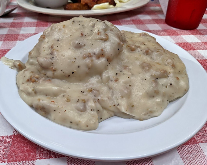 Biscuits swimming in creamy sausage gravy &ndash; the breakfast equivalent of a warm hug. This plate alone has created more happiness than most self-help books.