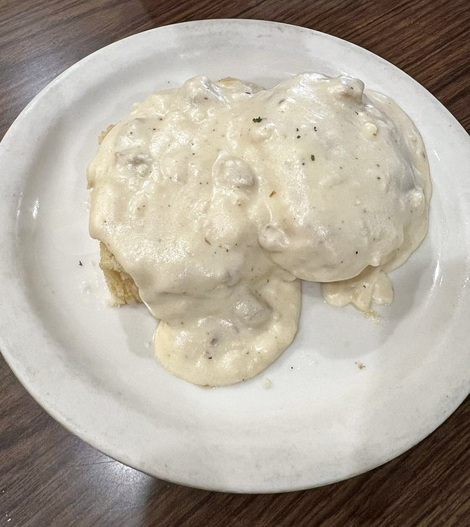 Biscuits and gravy that would make your grandmother both jealous and proud. That pepper-speckled country gravy is practically a food group in itself.