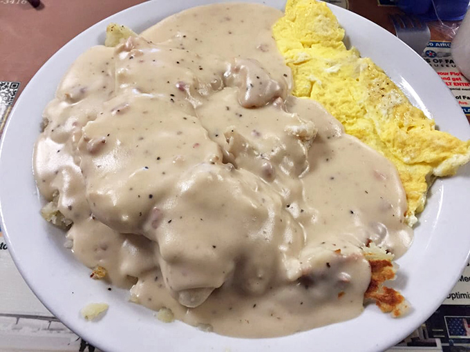 Behold the star attraction: biscuits and gravy that could make a cardiologist weep&mdash;first with professional concern, then with unbridled pleasure.