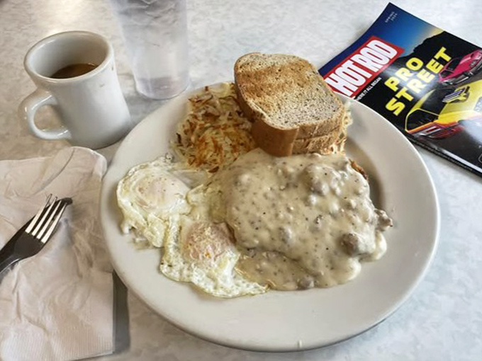Biscuits and gravy that would make your grandmother both proud and jealous. That pepper-speckled gravy is practically performing a victory lap.