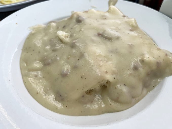 Biscuits and gravy so legendary they should have their own agent. The gravy-to-biscuit ratio here is what mathematicians call "perfect."