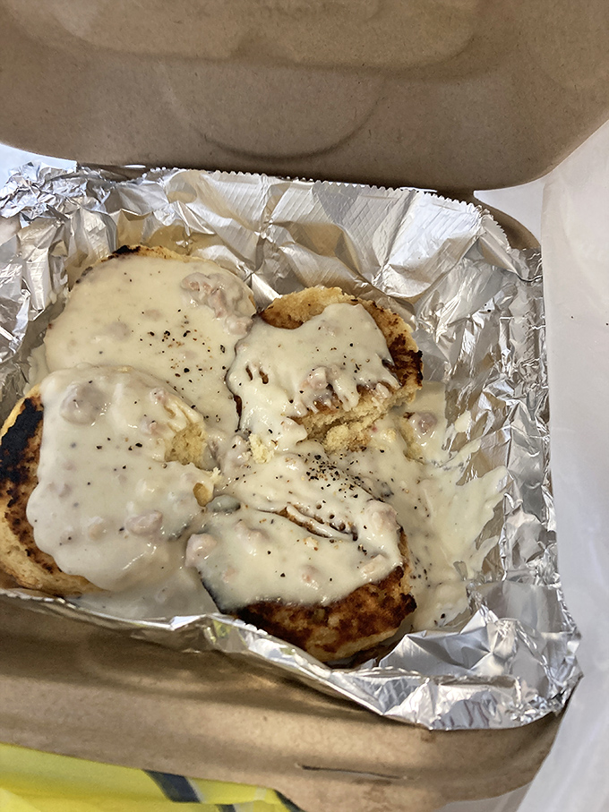 Biscuits drowning in sausage gravy &ndash; comfort food that makes your grandmother's cooking seem almost adequate.