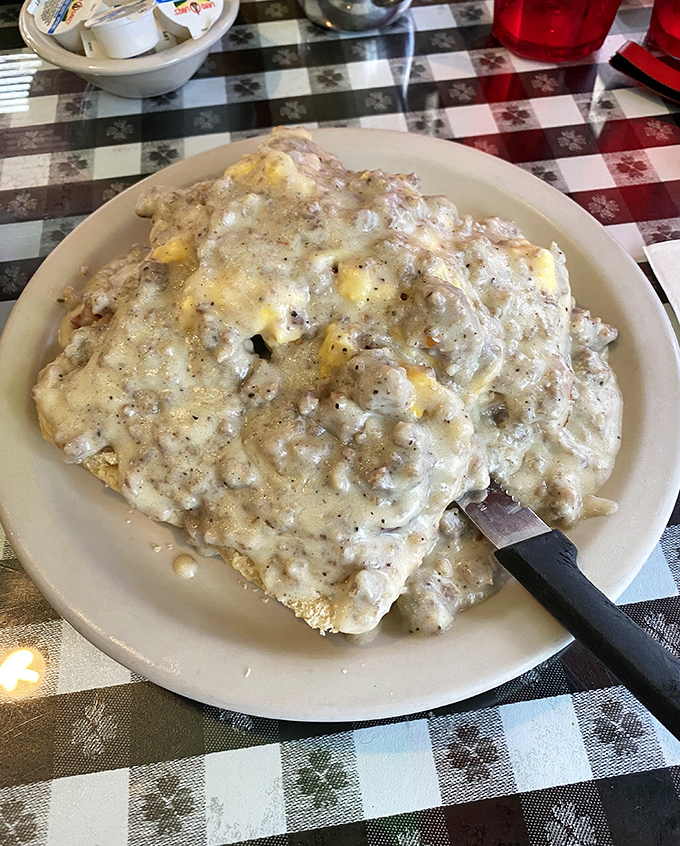 This magnificent mountain of biscuits and gravy could make a cardiologist weep &ndash; with joy or concern, who knows?