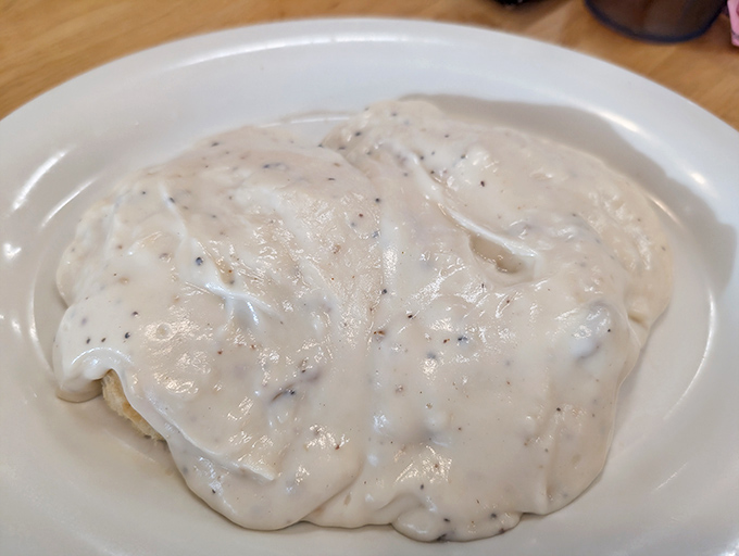 Biscuits and gravy so creamy and peppery they could make a Southern grandmother weep with joy and maybe a little envy.