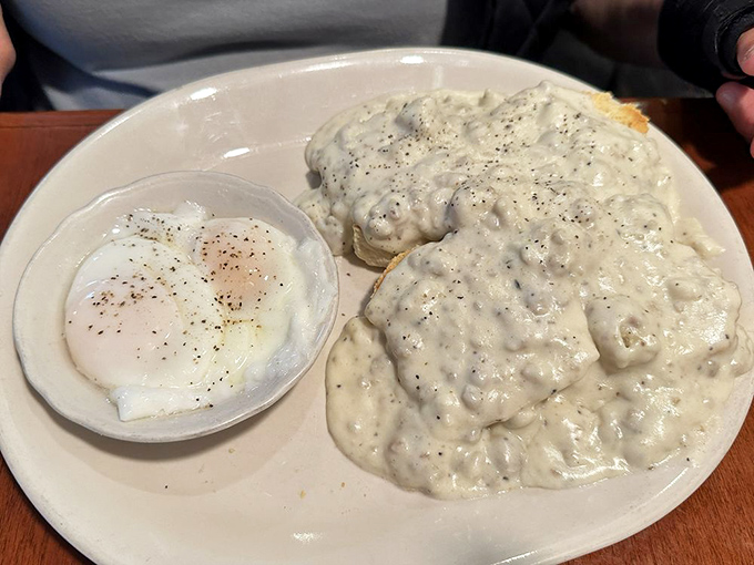 Biscuits and gravy that could make a Southern grandmother weep with joy. That pepper-speckled cream gravy doesn't just cover the biscuits&mdash;it embraces them.