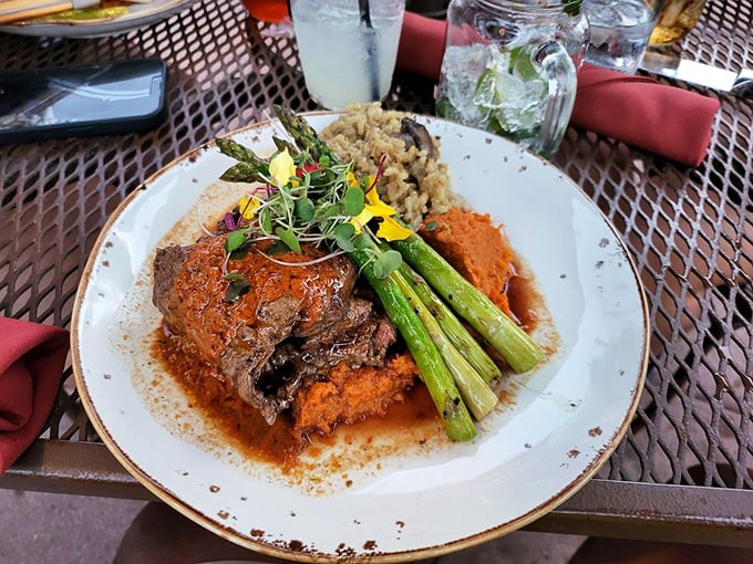 This bison steak arrives dressed to impress, making you forget why anyone bothers with regular beef anymore.