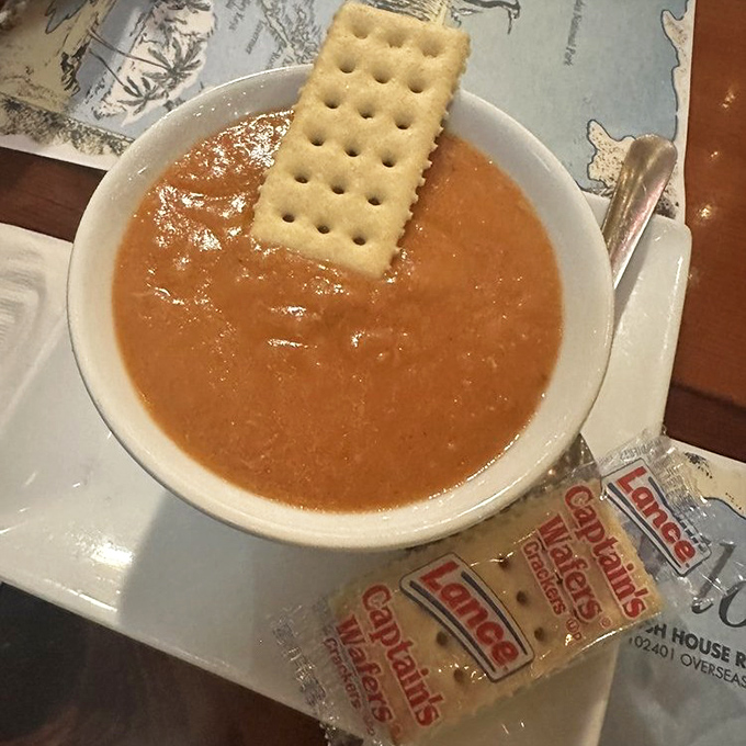 The famous lobster bisque arrives with a humble saltine cracker &ndash; like sending Meryl Streep to the Oscars with a paper bag lunch.