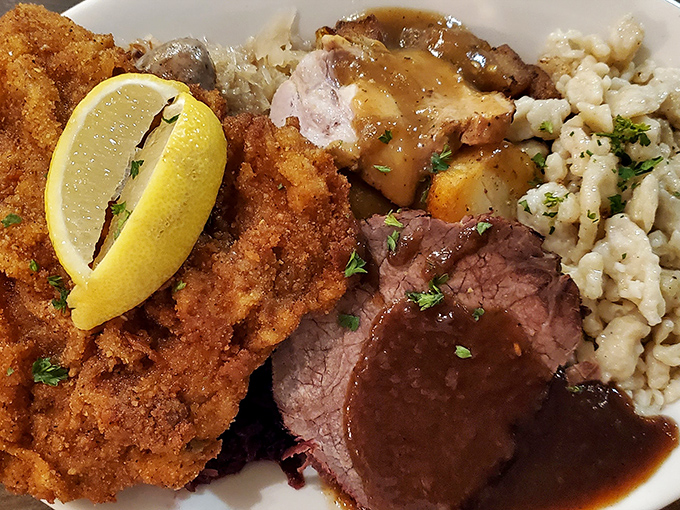 Schnitzel perfection that would make Vienna jealous. That golden-brown crust makes a sound when cut that's music to a food lover's ears.