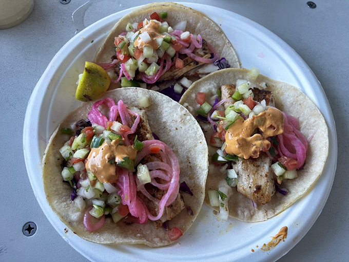 Blackened mahi tacos dressed to impress with pickled onions and that perfect tropical swagger.