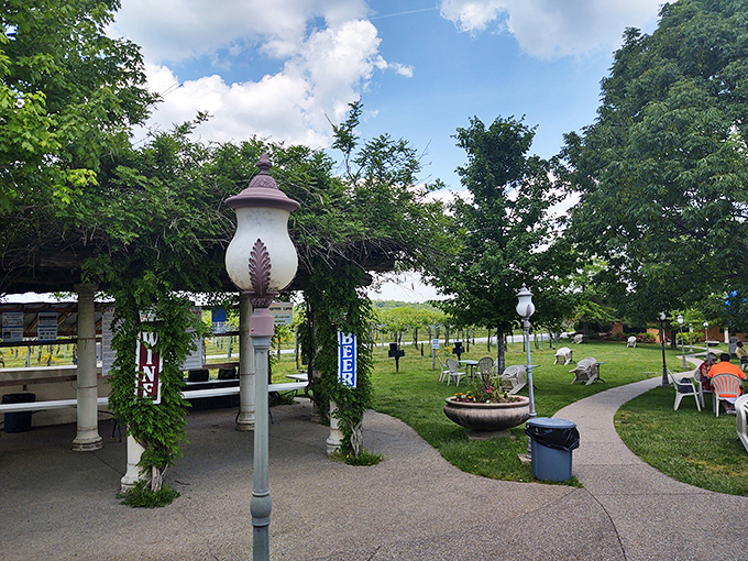 Blue Sky Vineyard's outdoor seating area invites you to sip local wines while contemplating absolutely nothing important. That's vacation perfection.
