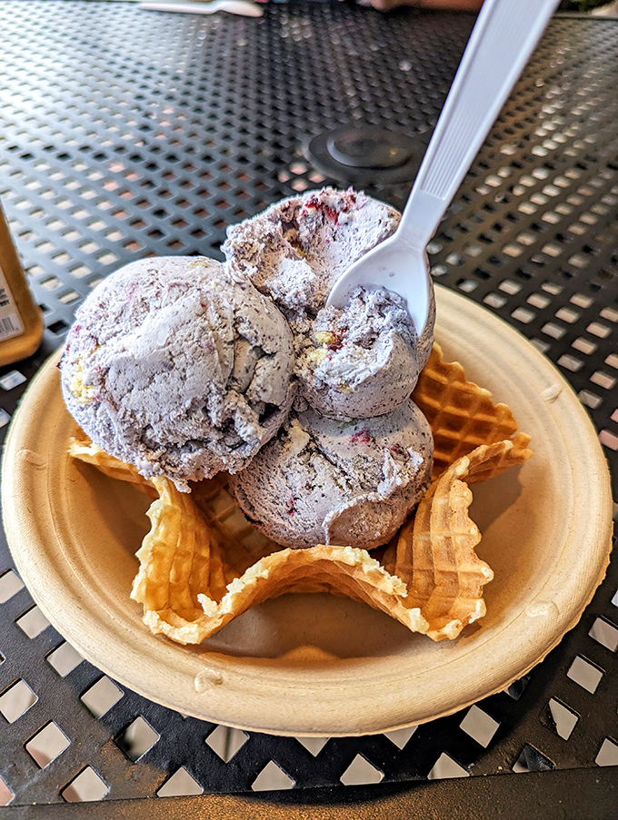 This blueberry cobbler in a waffle bowl isn't just dessert&mdash;it's architecture. The perfect marriage of crispy and creamy textures.