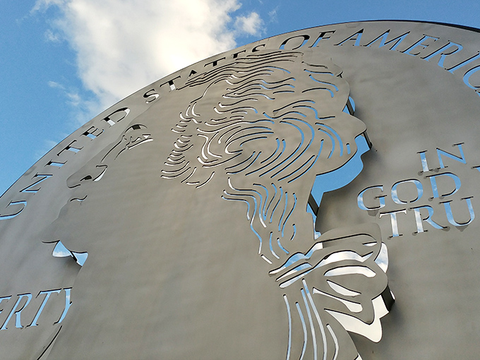 Looking up at this metallic masterpiece makes you feel like Alice in a very patriotic Wonderland.