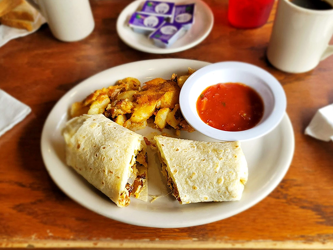 The legendary breakfast burrito in its natural habitat. That house-made salsa isn't just a condiment&mdash;it's a revelation that might change your morning routine forever.