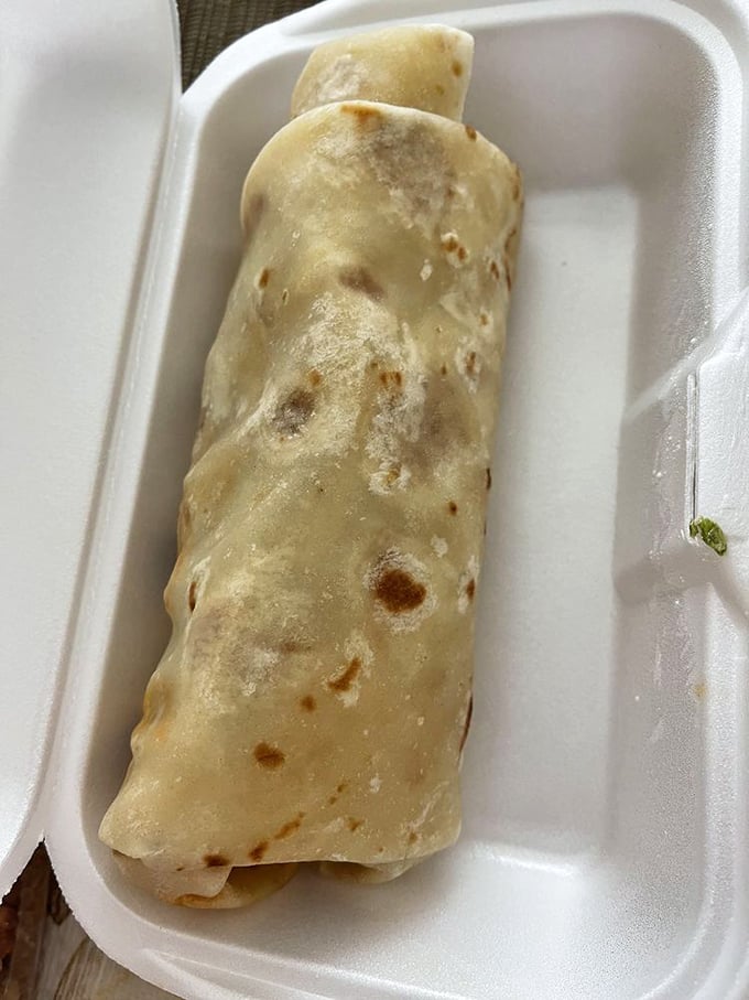 Behold, the breakfast burrito in its purest form. No trendy add-ins, just handmade tortilla wrapped around perfectly seasoned fillings that'll haunt your dreams.