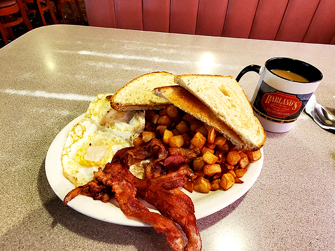 Breakfast perfection doesn't need fancy plating&mdash;just perfectly crispy home fries, eggs that know their purpose, and toast standing at attention.