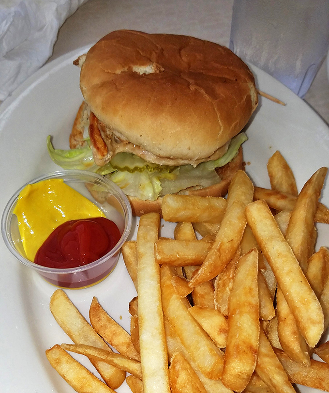 The holy trinity of diner perfection: a hearty burger, golden fries, and those little cups of ketchup and mustard that somehow make everything taste better.