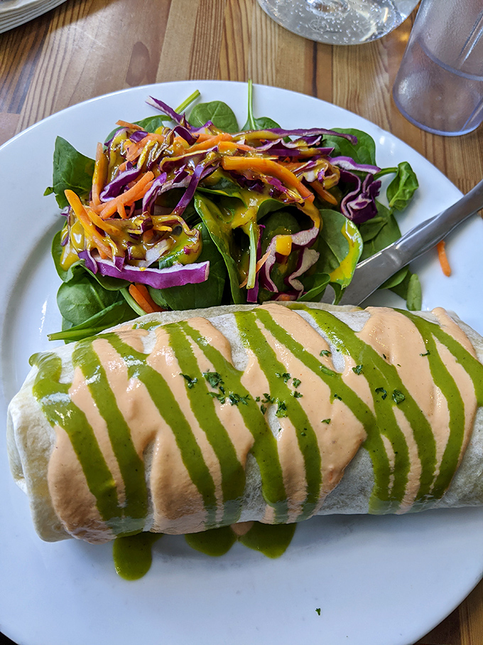 This isn't just a burrito&mdash;it's edible architecture. Layers of flavor wrapped in a tortilla and striped with sauces like a delicious abstract painting.
