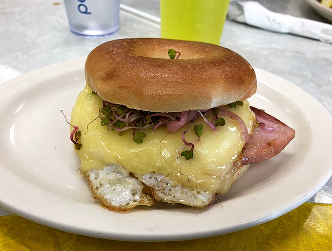 Breakfast architecture at its finest—a perfectly toasted bagel supporting the weight of dreams: egg, ham, cheese, and those delicate microgreens.