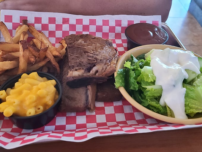Brisket that doesn't need a passport to transport you to flavor country, served with mac and cheese that's unapologetically yellow.